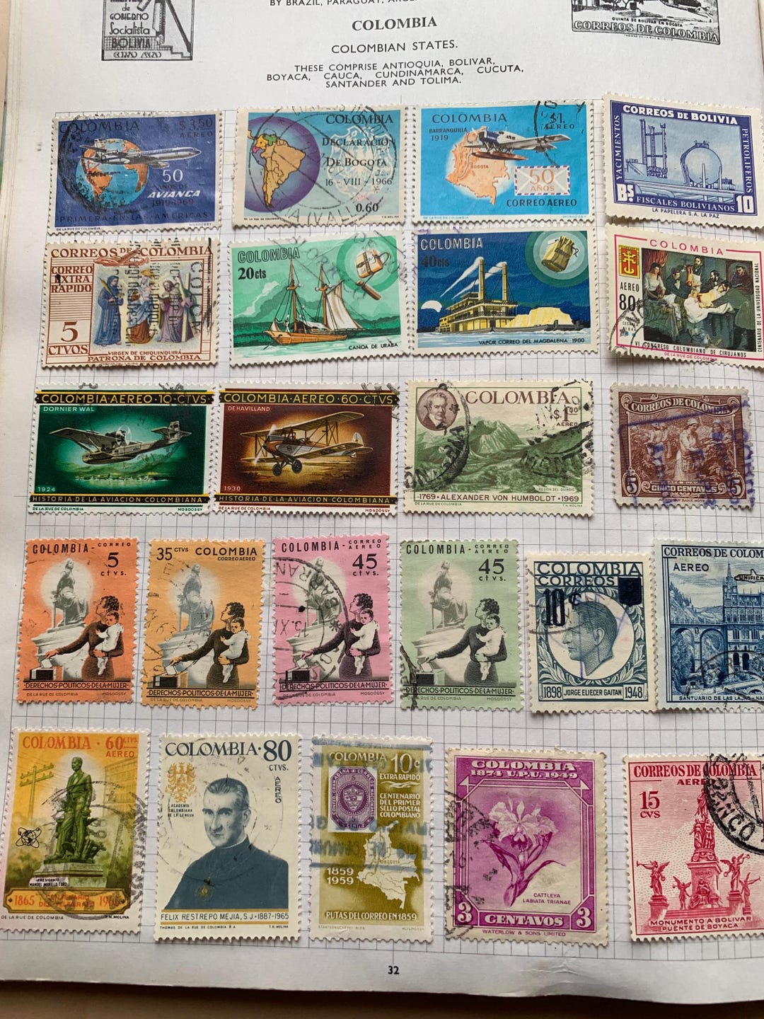 1 Page of Colombian Postage Stamps - Range of Vintage Used Postage ...
