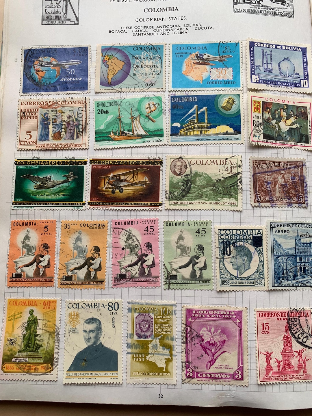 1 Page of Colombia Postage Stamps Correos South America Stamp Sets - Etsy
