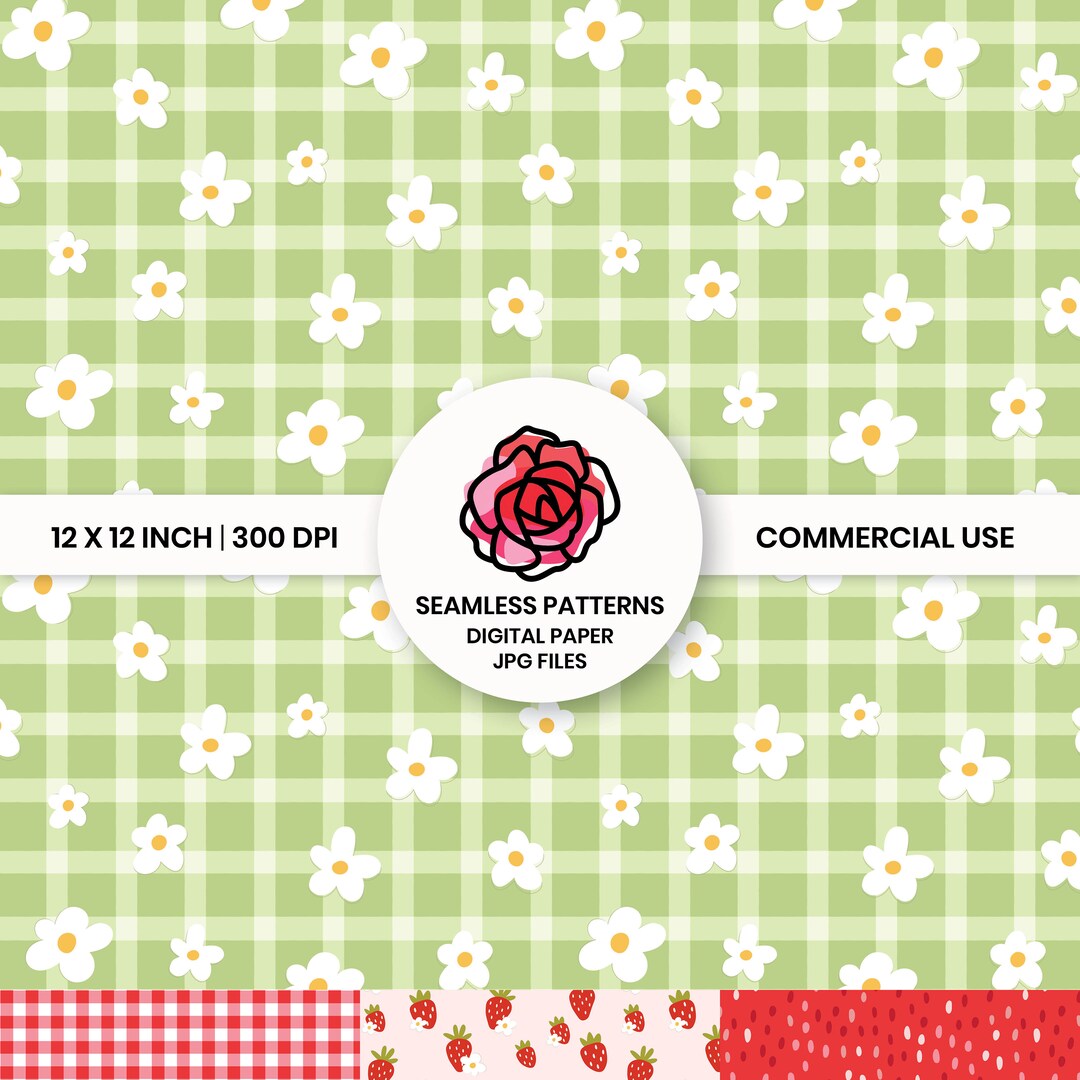 Daisy Surface Pattern, Strawberry Seamless Pattern, Daisy Digital Paper ...