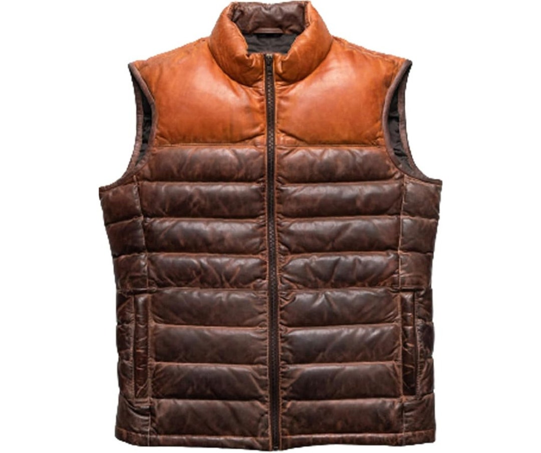 Leather Puffer Vest for Men, Down Vest, Puffer Leather Vest, Perfect ...