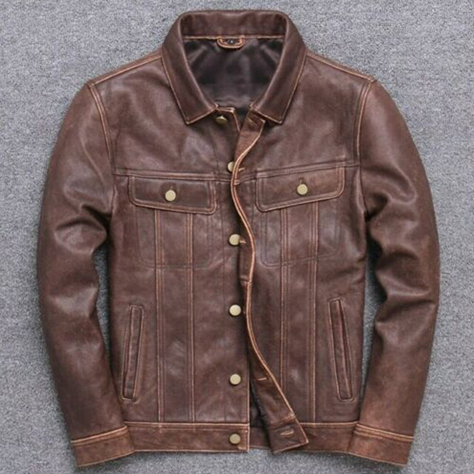 Mens Motorcycle Distressed Brown Collared Trucker Jacket, Brown ...