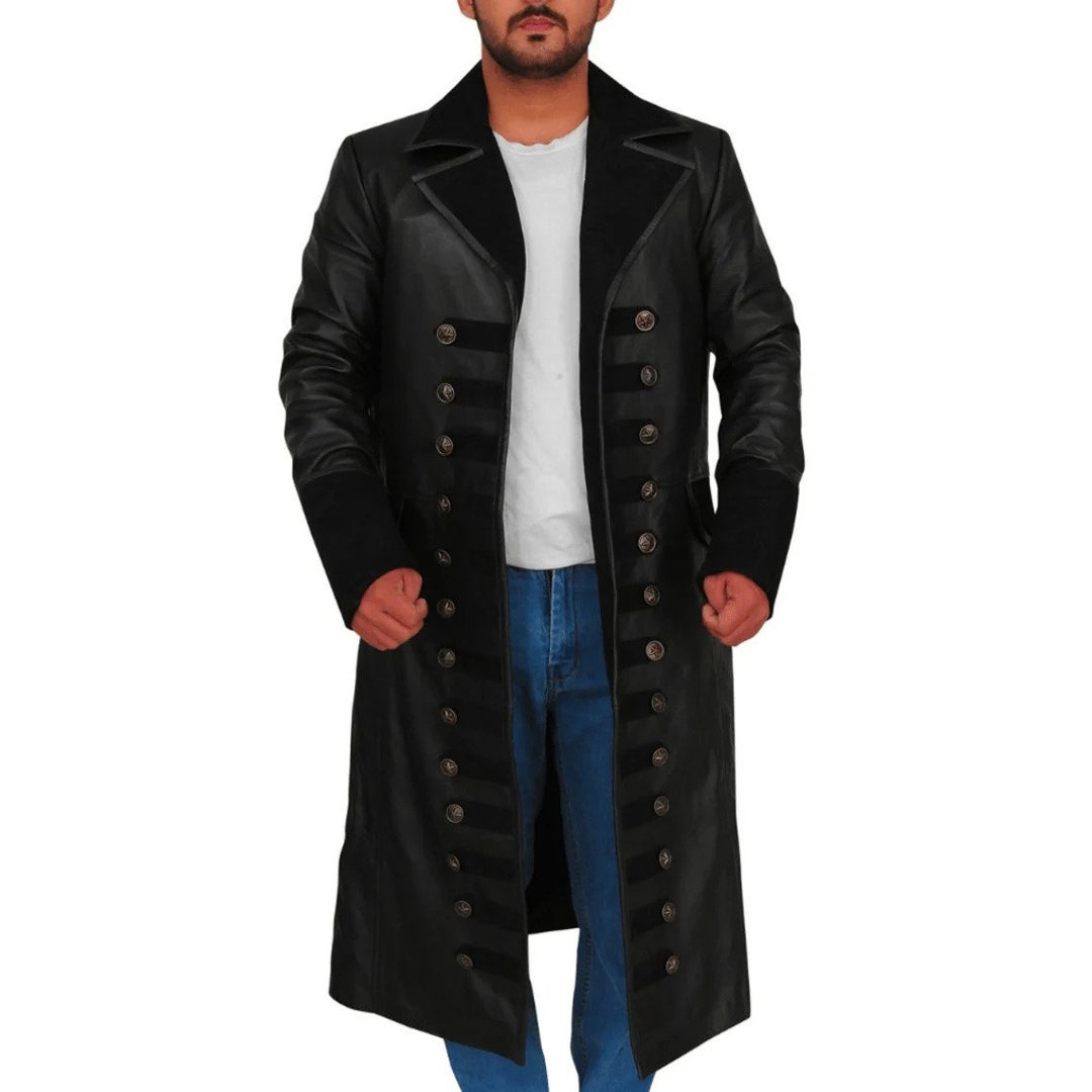 Long Leather Jacket Pirate Jacket for Men Leather Coat Jacket Black ...