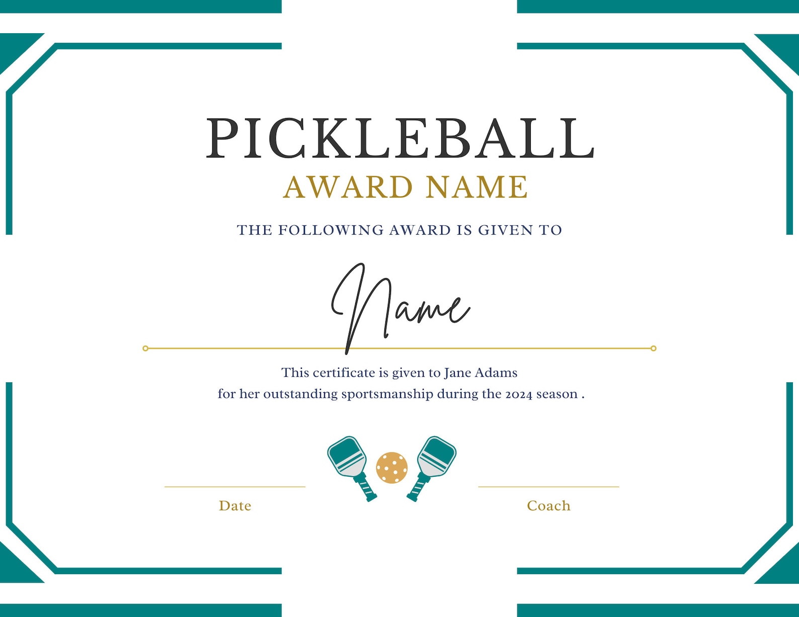 Pickleball Excellence Certificate Pickleball Champion Award - Etsy