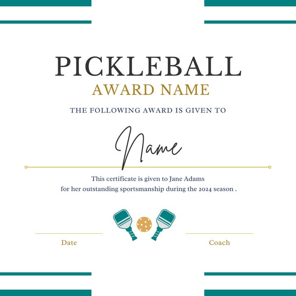 Pickleball Certificate Template - Etsy