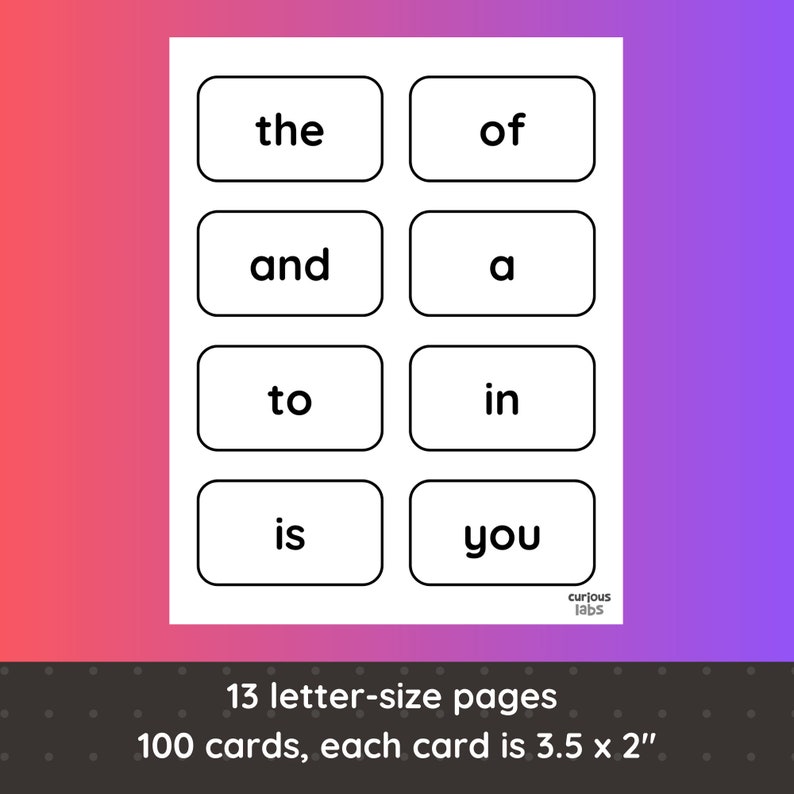 Printable Fry's First 100 Sight Words Flash Cards • Pre-k Kindergarten ...