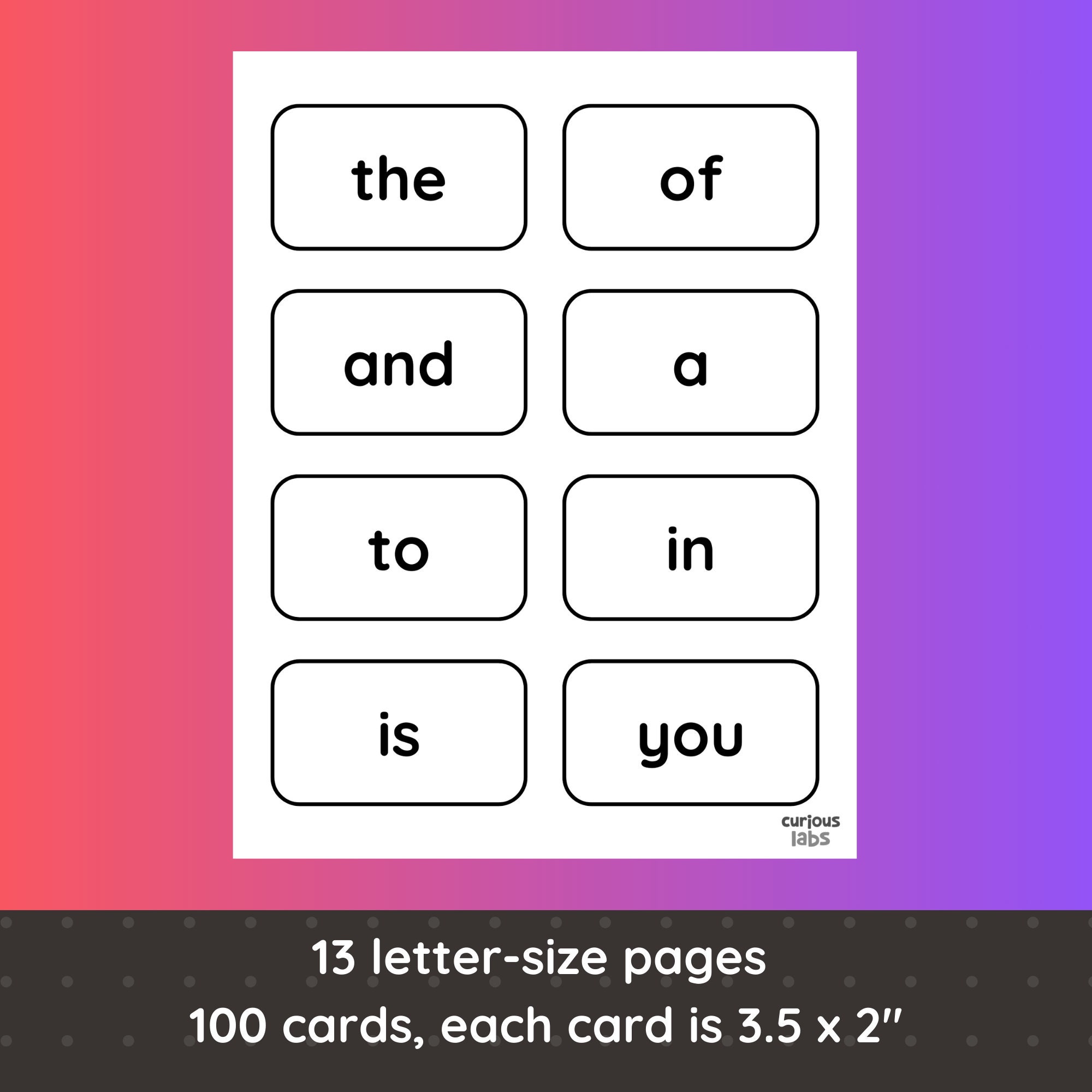 Printable Fry's First 100 Sight Words Flash Cards • Pre-k Kindergarten ...