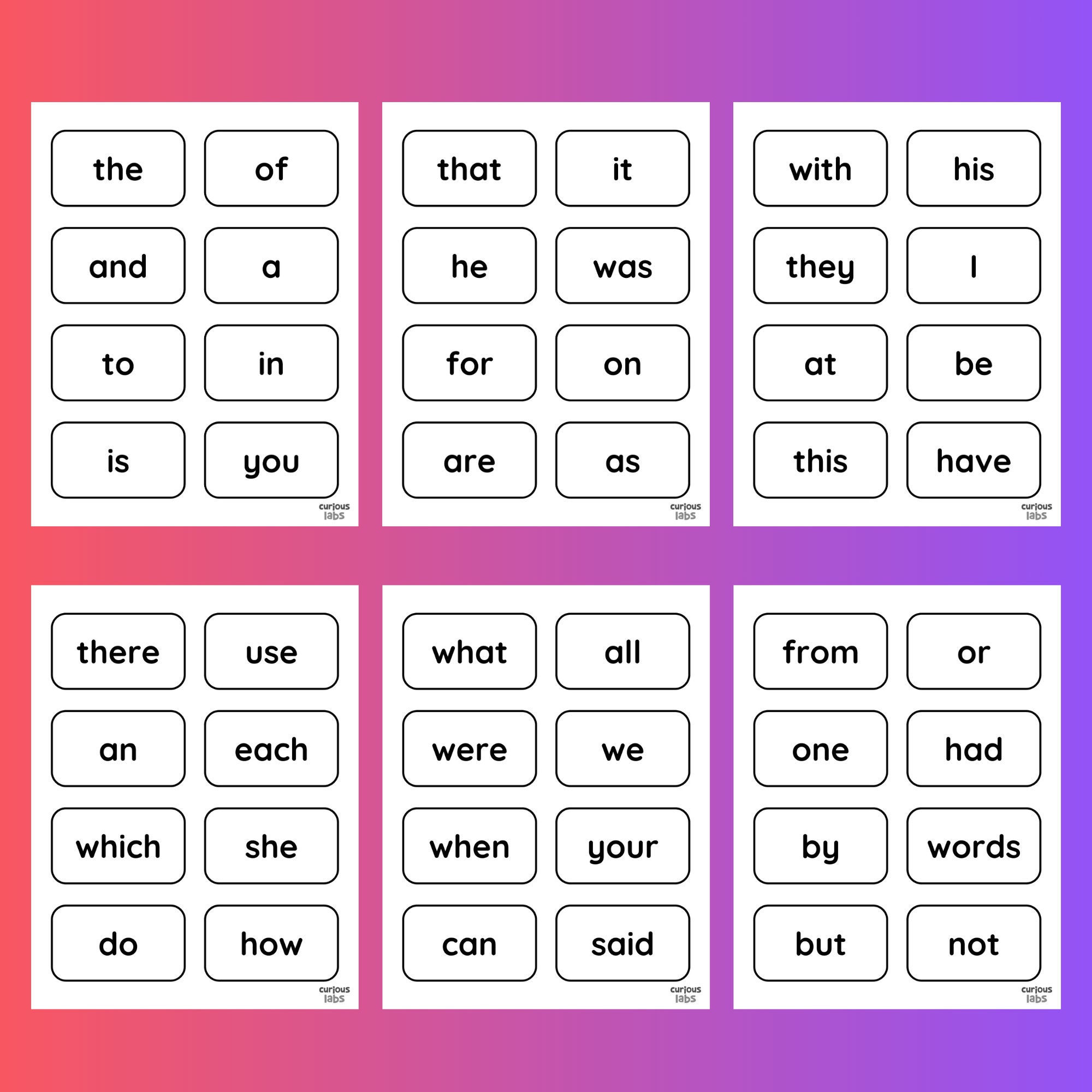 Printable Fry's First 100 Sight Words Flash Cards Pre-k Kindergarten ...