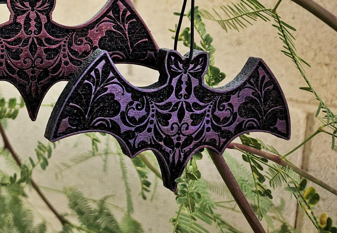 Damask Bats Christmas Tree Ornaments Stained Wood Yule Decoration With ...