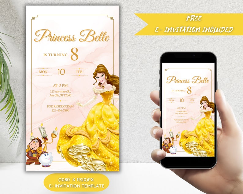 Princess Belle Birthday Invitation Beauty and the Beast Disney Princess ...