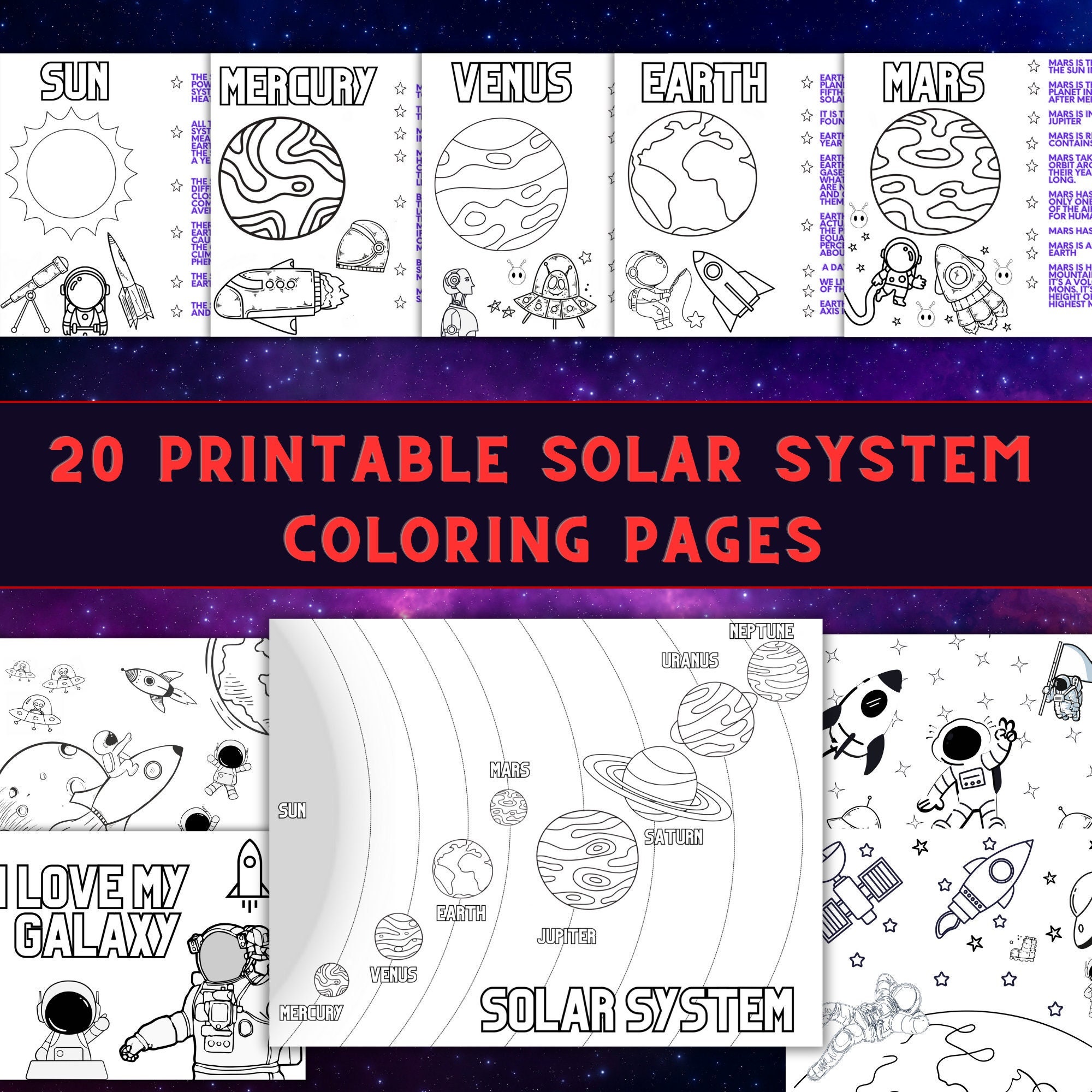 20 SOLAR SYSTEM Planets Coloring Pages for Kids Astronaut Outer Space ...