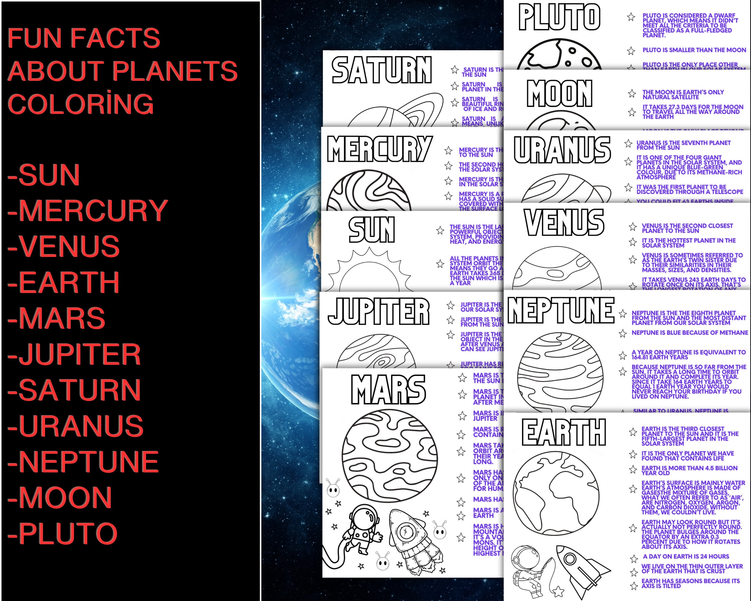 20 SOLAR SYSTEM Planets Coloring Pages for Kids Astronaut Outer Space ...