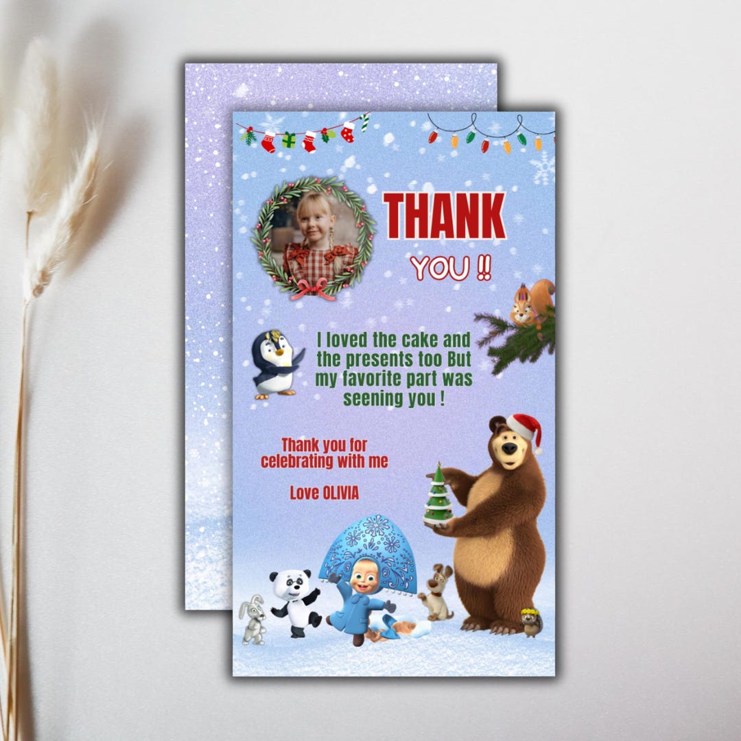 Masha and the Bear Christmas Thank You Tag: Editable Birthday Card ...