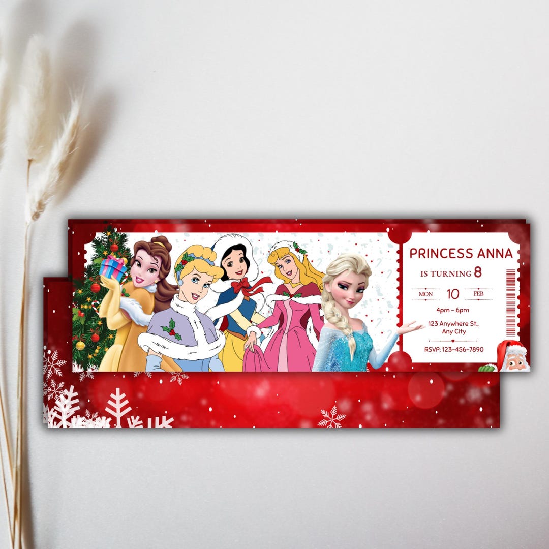 Disney Princess Ticket Birthday Invitation Template, Christmas Birthday ...