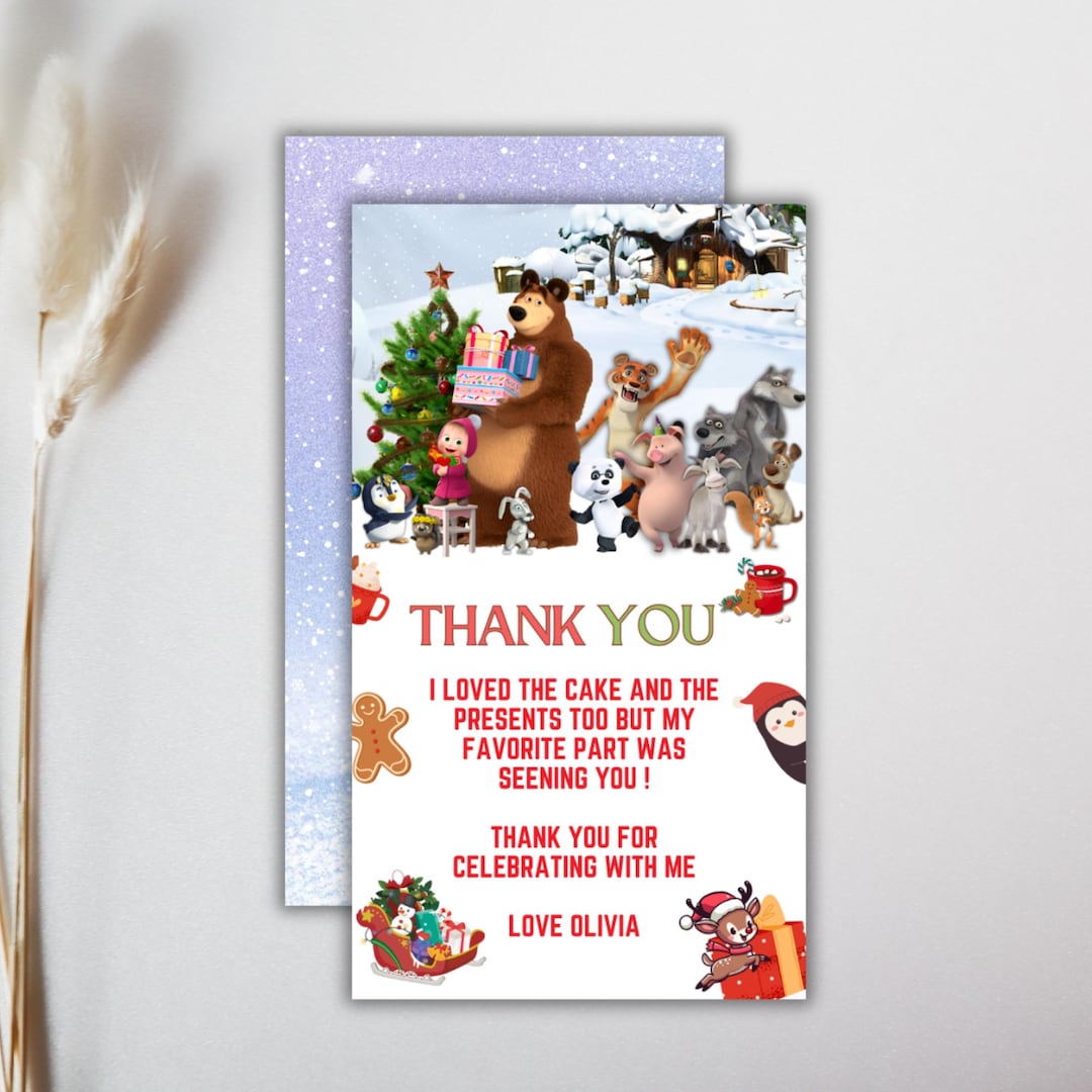 Editable Masha and the Bear Christmas Themed Birthday Thank You Tag ...