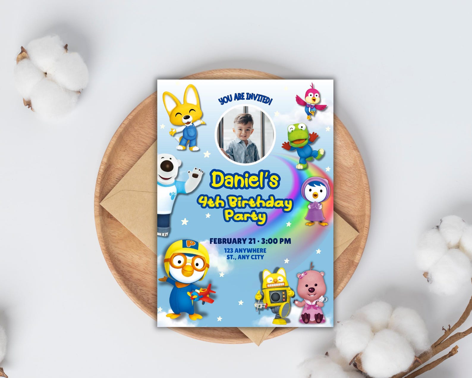 Pororo Birthday Party Invitation Template With Photo (CANVA Instant ...