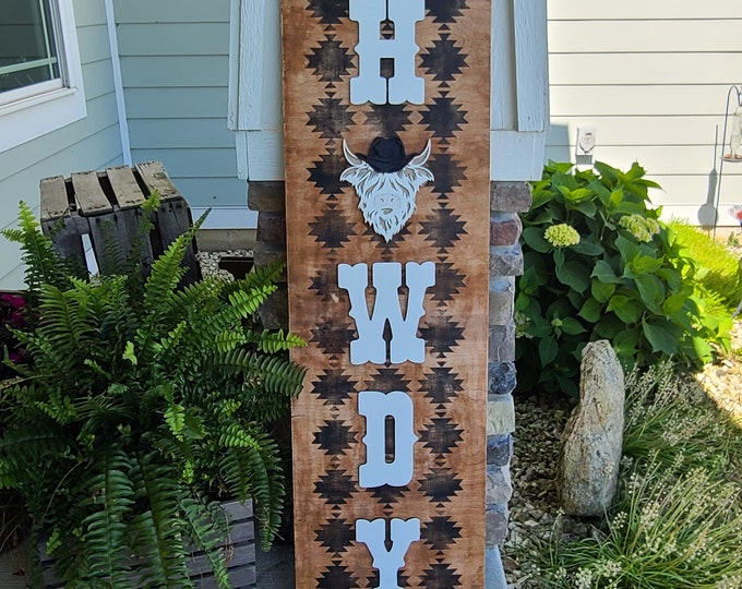 Wooden Highland Cow Howdy Western Porch Leaner Sign, Distressed Western ...