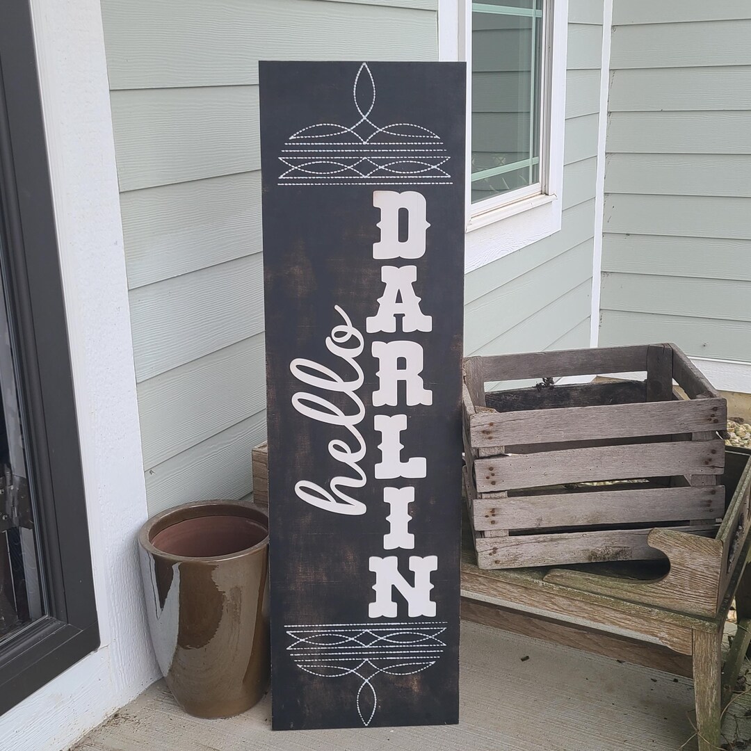 Wooden Hello Darlin' Welcome Sign, Cowboy Boot Stitch Hello Darlin ...
