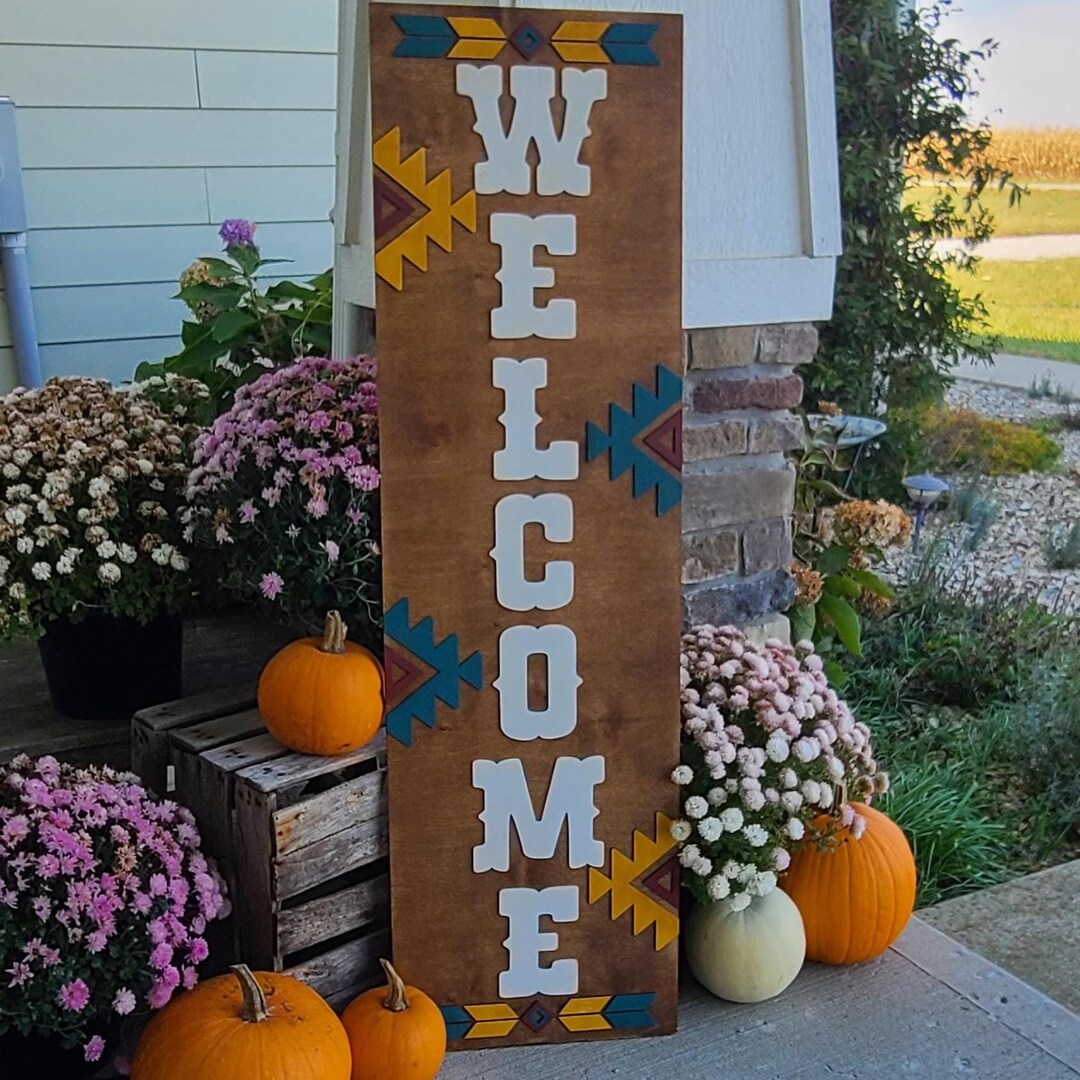 Wooden Rustic Western Aztec Welcome Front Porch Leaner Sign, Distressed ...