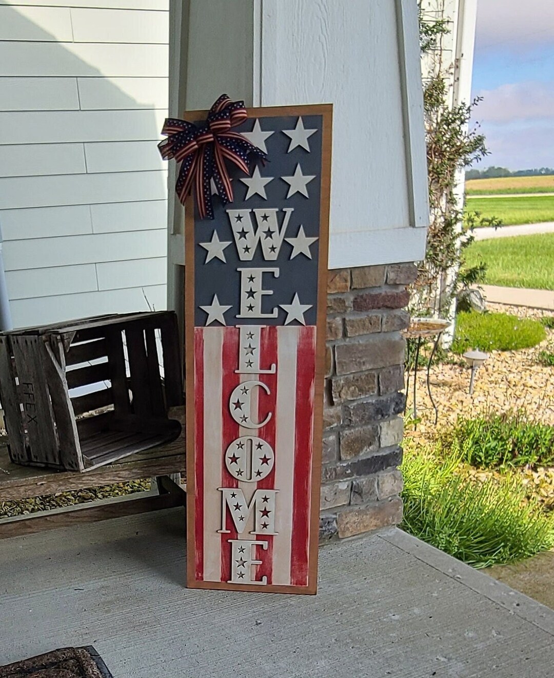 Patriotic Welcome Door Leaner, Rustic Farmhouse Front Porch Decor ...