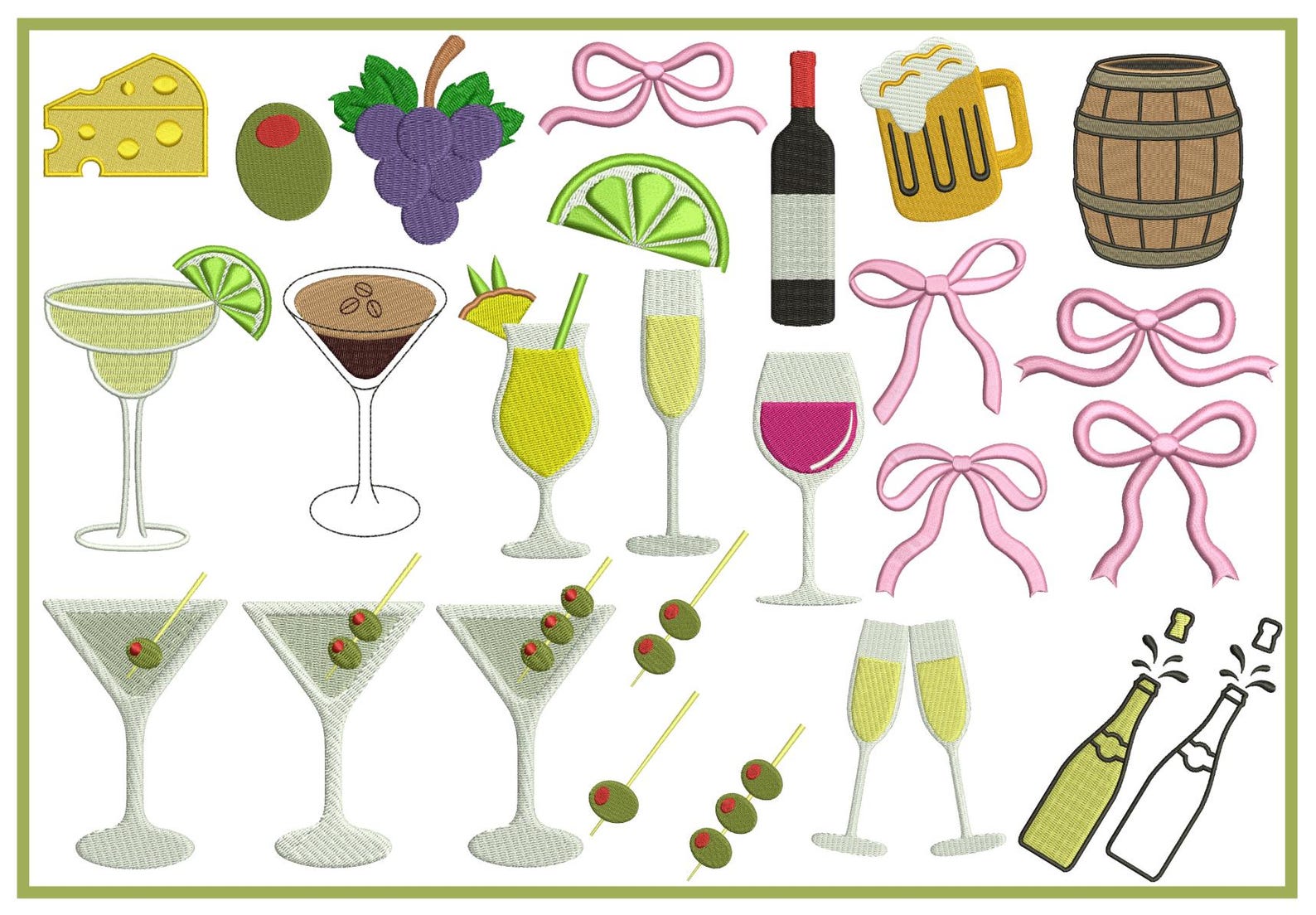 Mini Cocktail Bow Embroidery Stitch , Drinks Embroidery Design ...