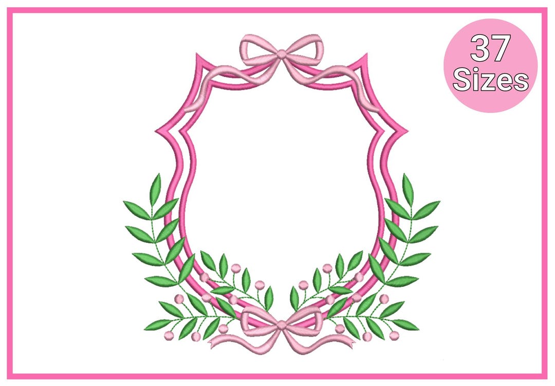 Banner Frame Bow Embroidery Stitch , Greenery Crest Embroidery Design ...