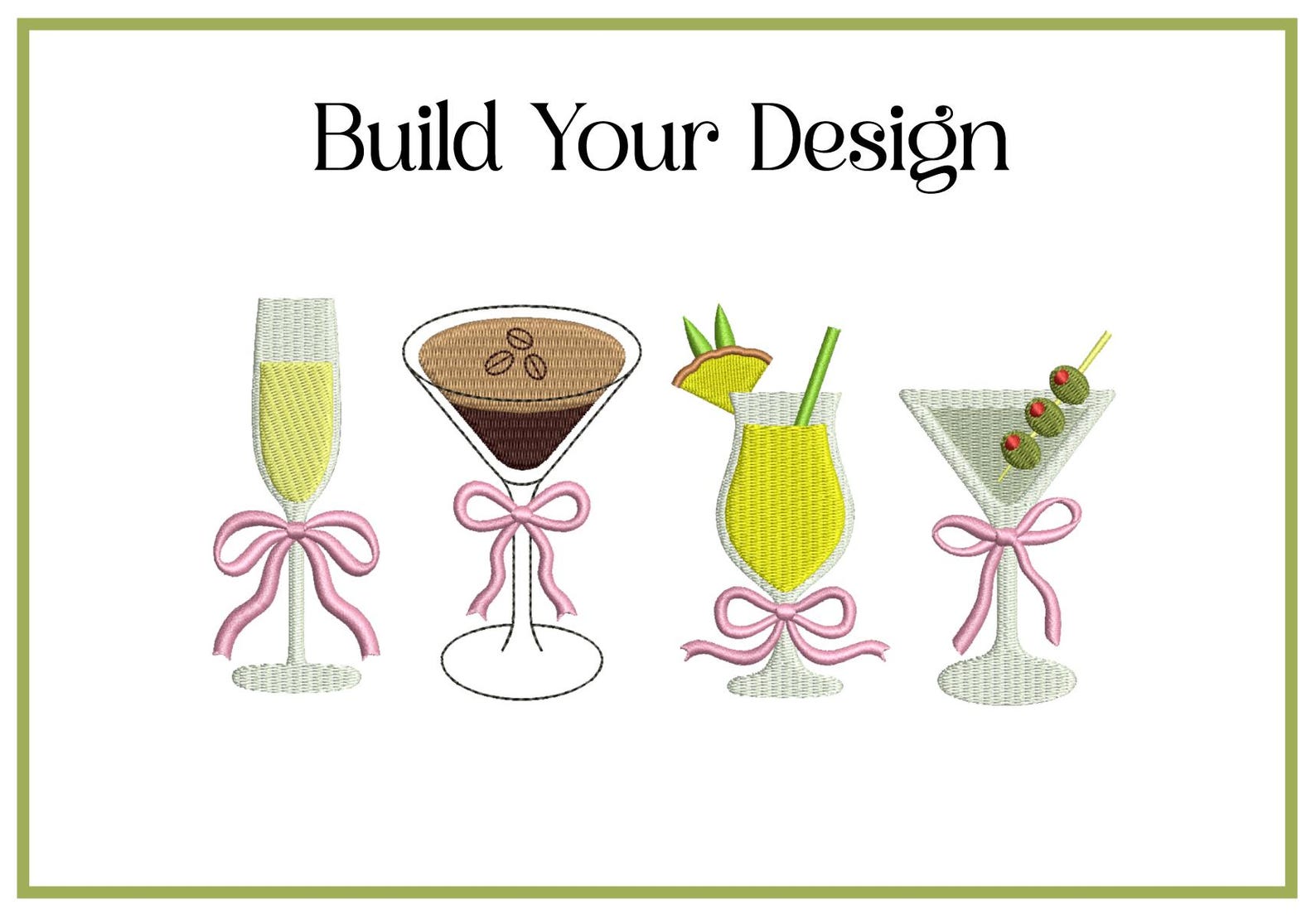 Mini Cocktail Bow Embroidery Stitch , Drinks Embroidery Design ...
