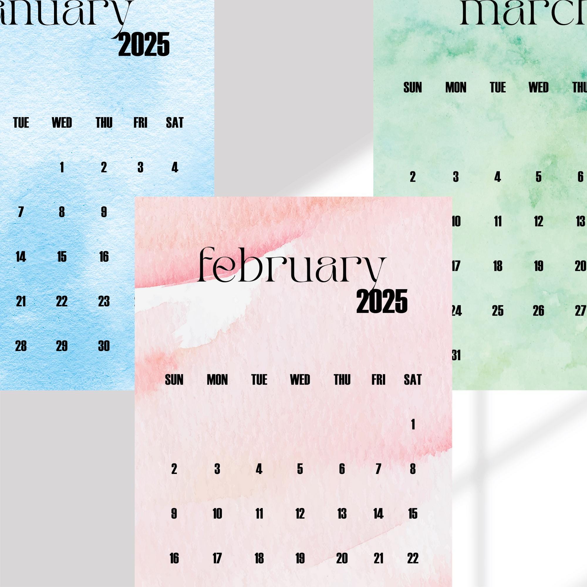 2025 6 Month Printable Calendar, Watercolor Design Background, Sunday ...