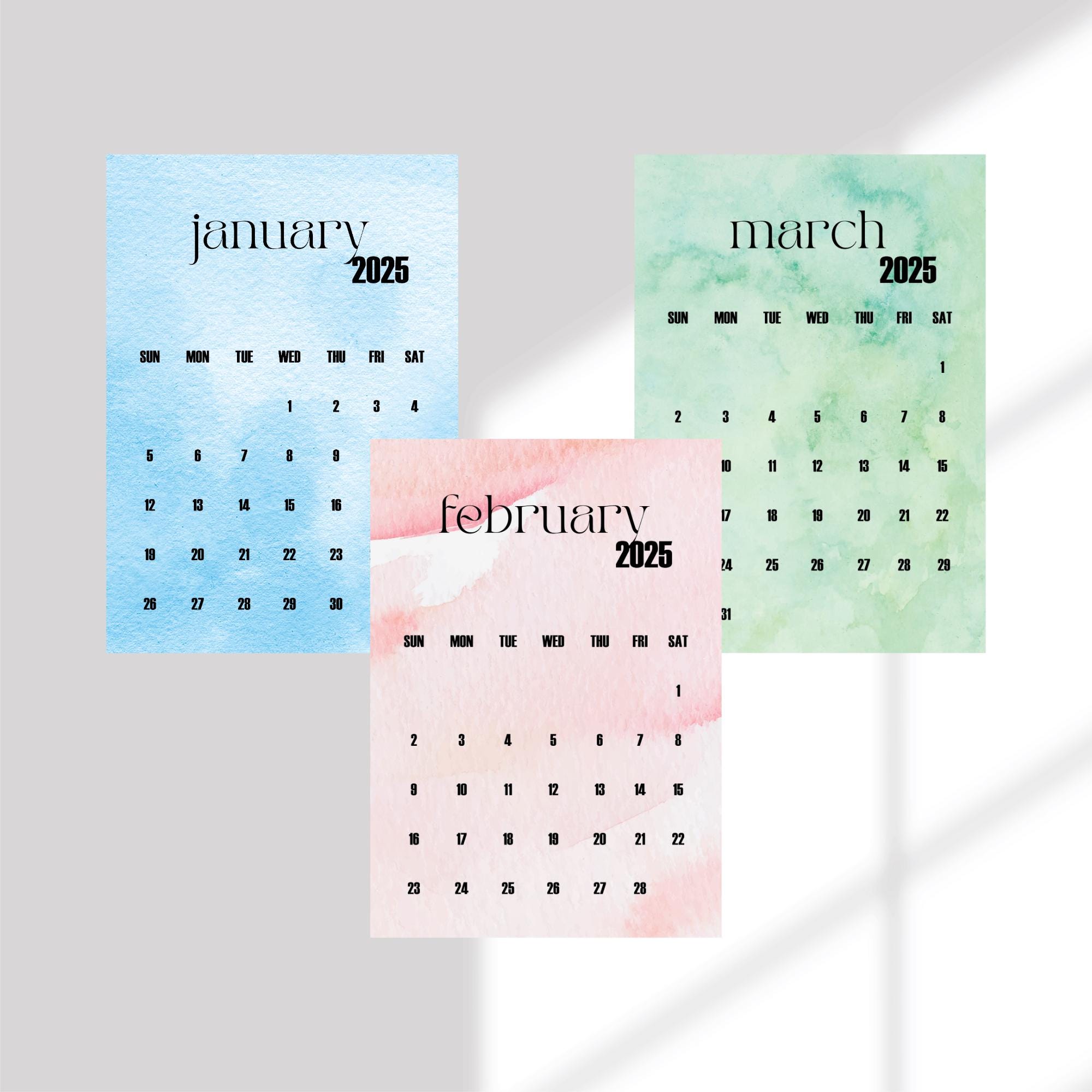 2025 6 Month Printable Calendar, Watercolor Design Background, Sunday ...