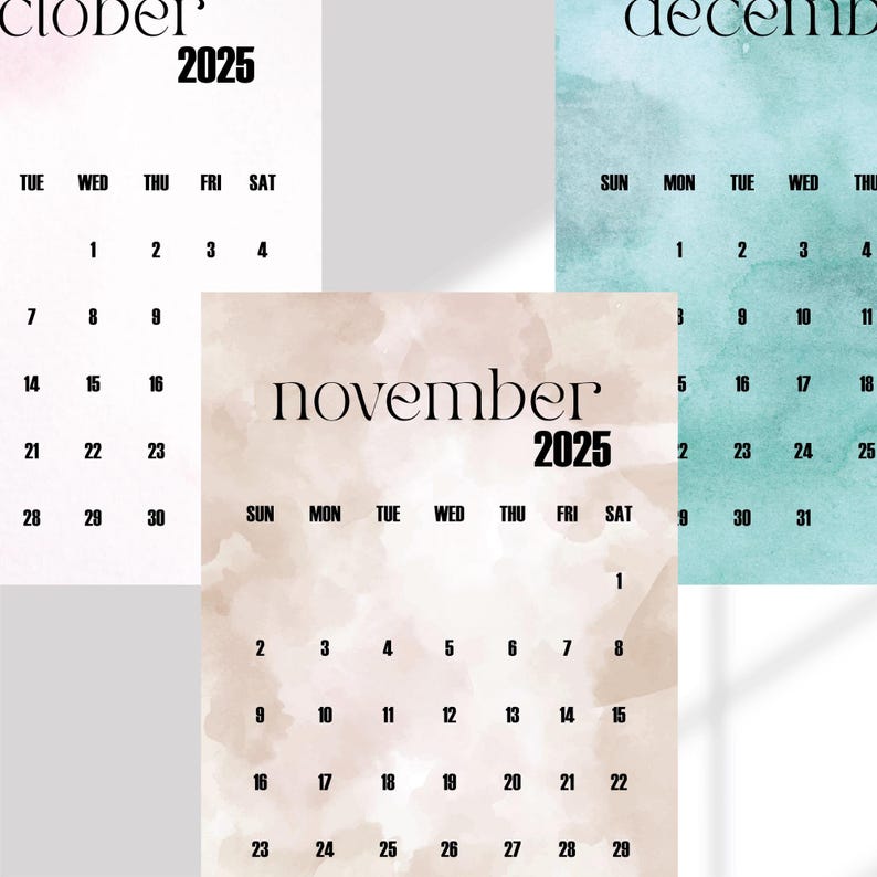2025 6 Month Printable Calendar, Watercolor Design Background, Sunday ...