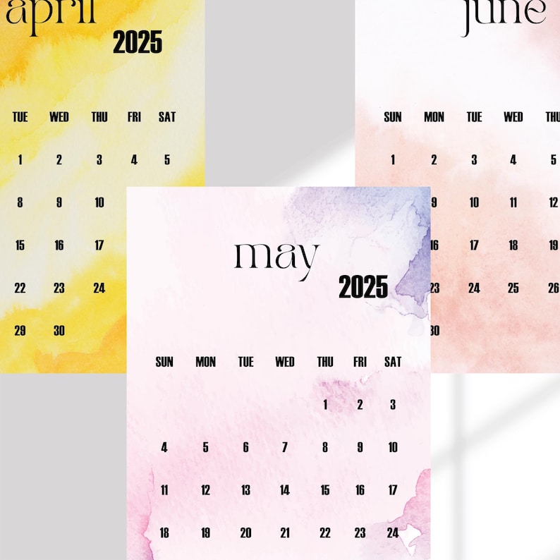 2025 6 Month Printable Calendar, Watercolor Design Background, Sunday ...
