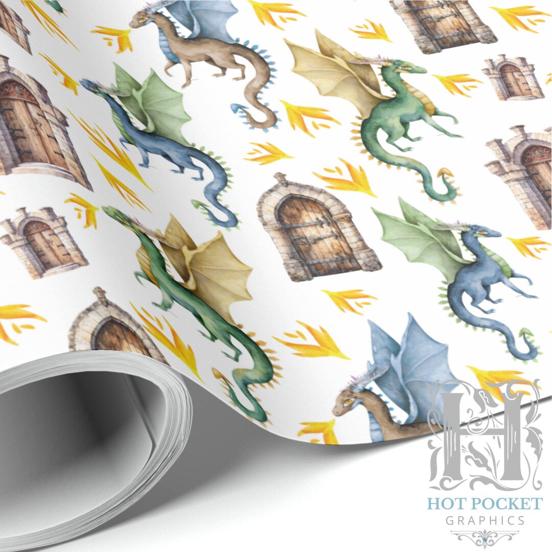 Flying Dragons Wrapping Paper - Fantasy Luxury Gift Wrap - Vibrant ...
