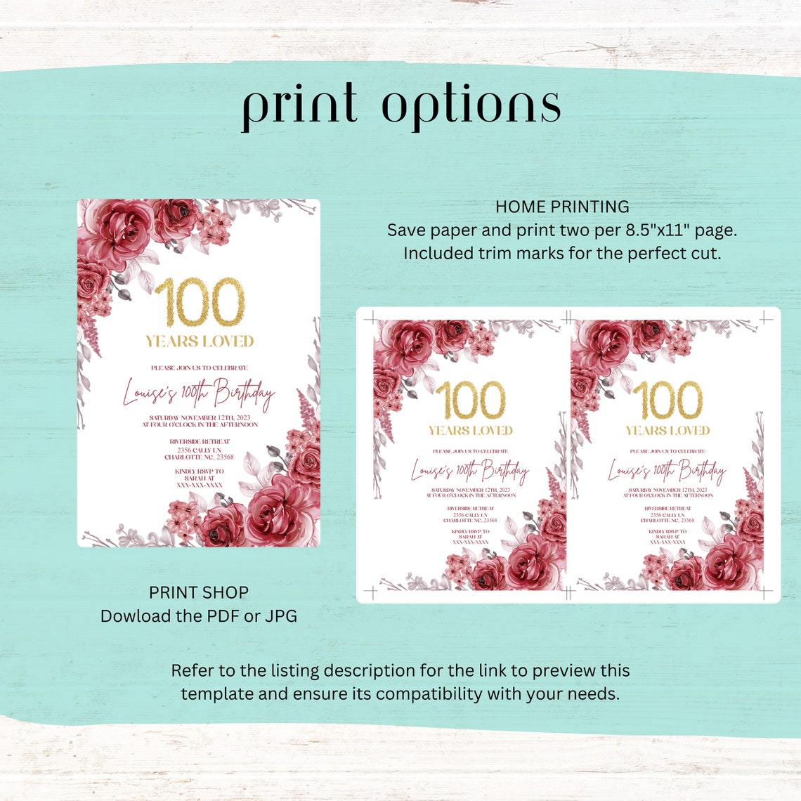 100th Birthday Invitations, Printable 100th Birthday Party Invitation ...