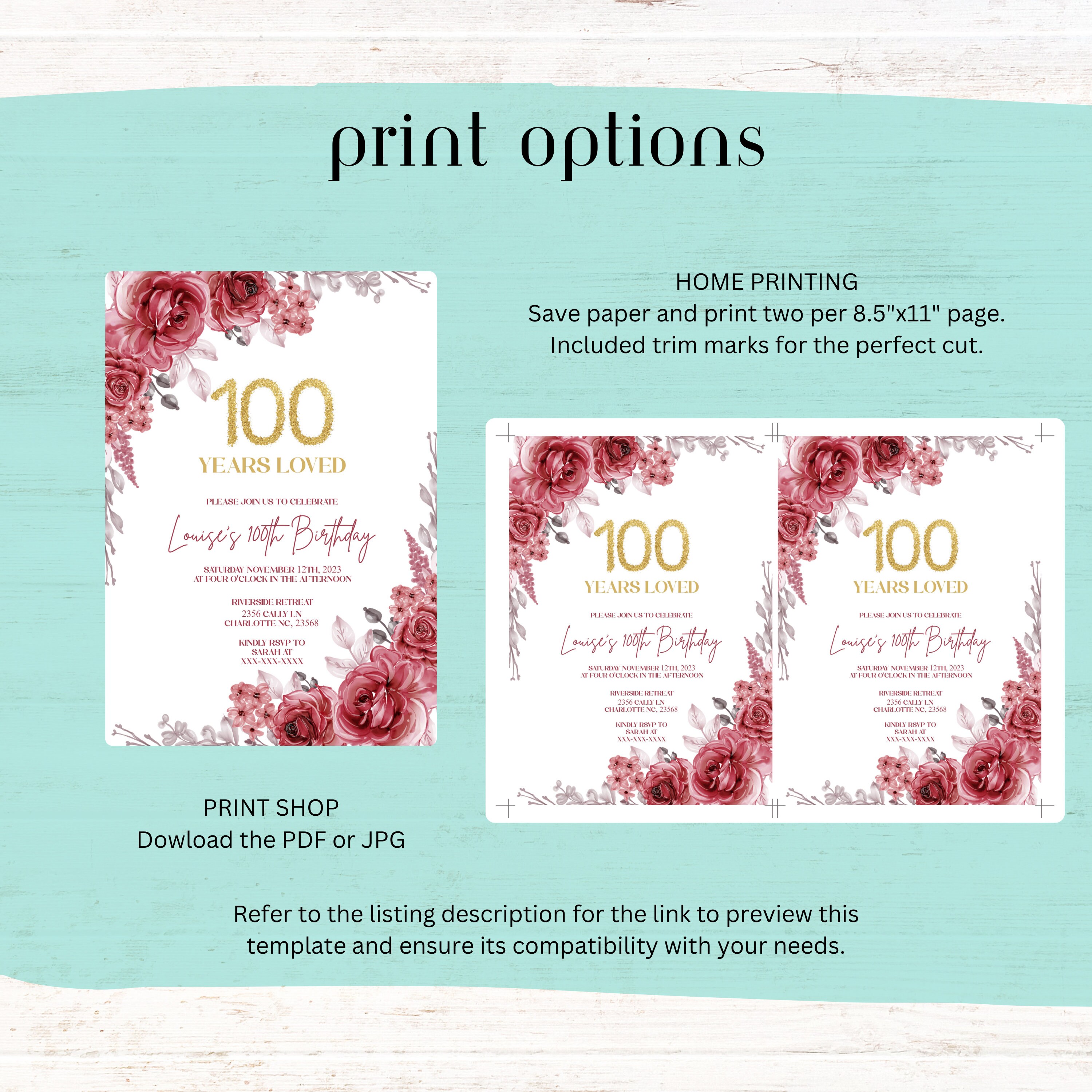 100th Birthday Invitations, Printable 100th Birthday Party Invitation ...