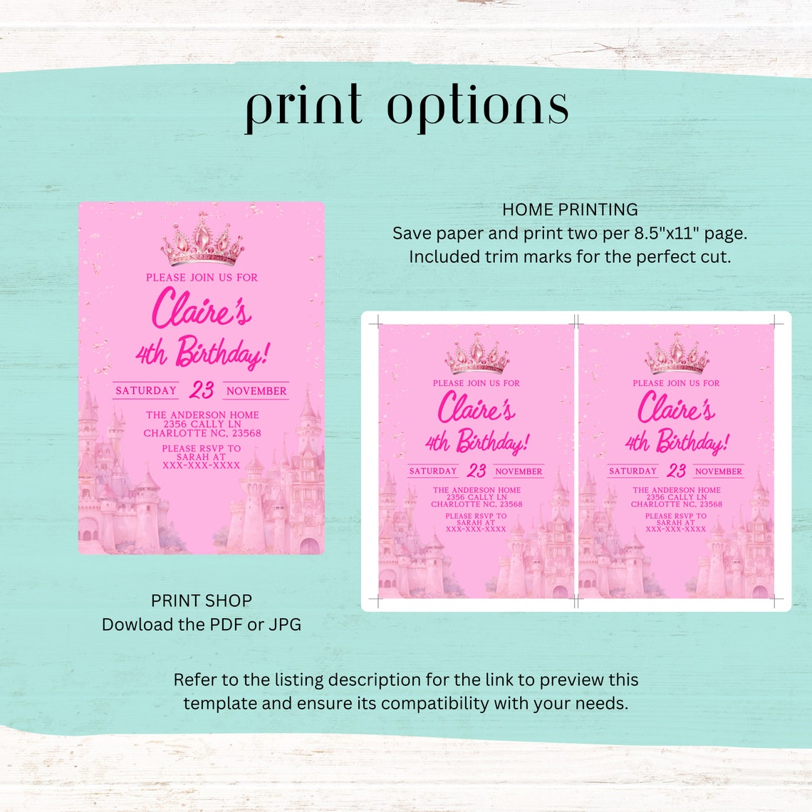 Princess Birthday Invitation Girl Princess Birthday Party Invite Pink ...