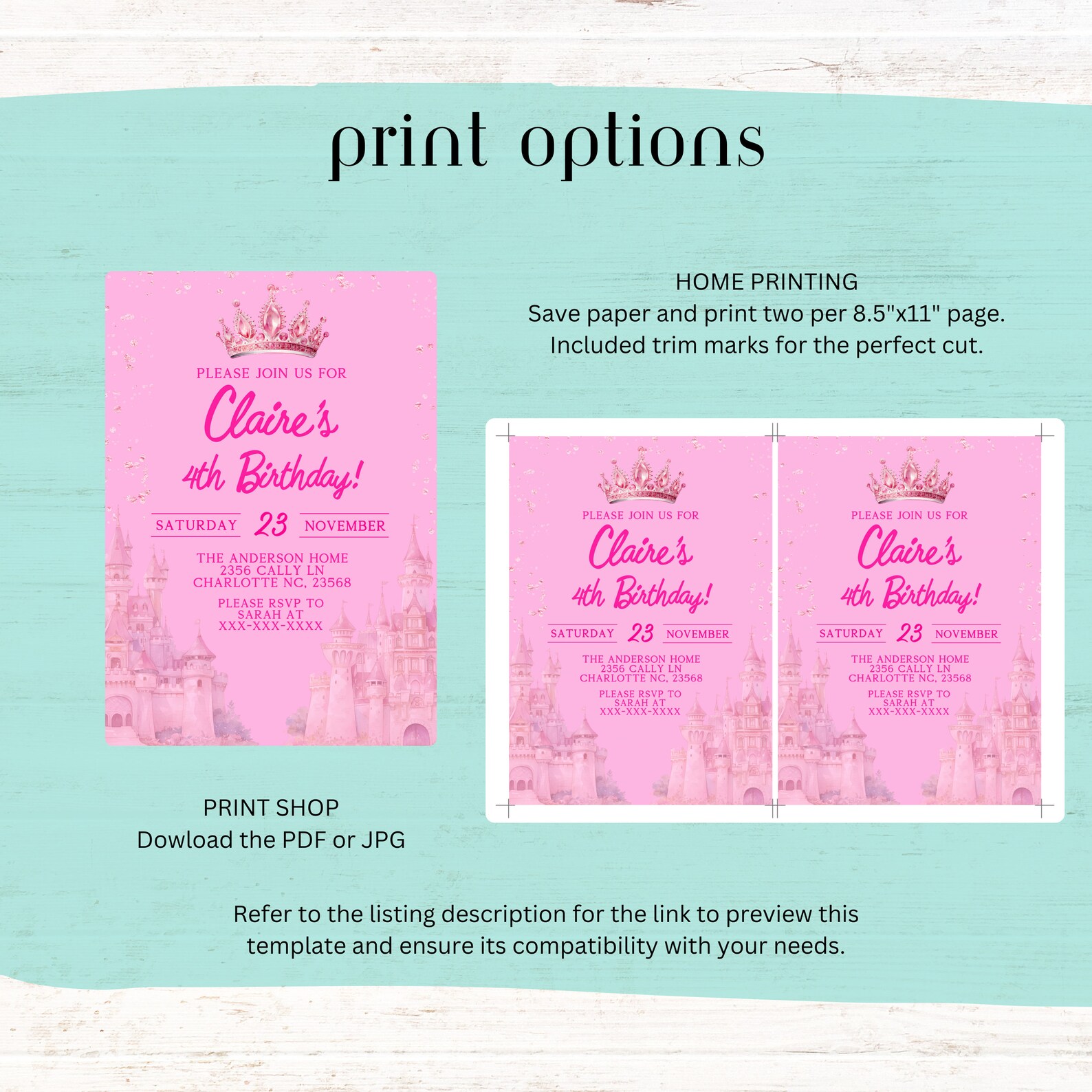 Princess Birthday Invitation Girl Princess Birthday Party Invite Pink ...
