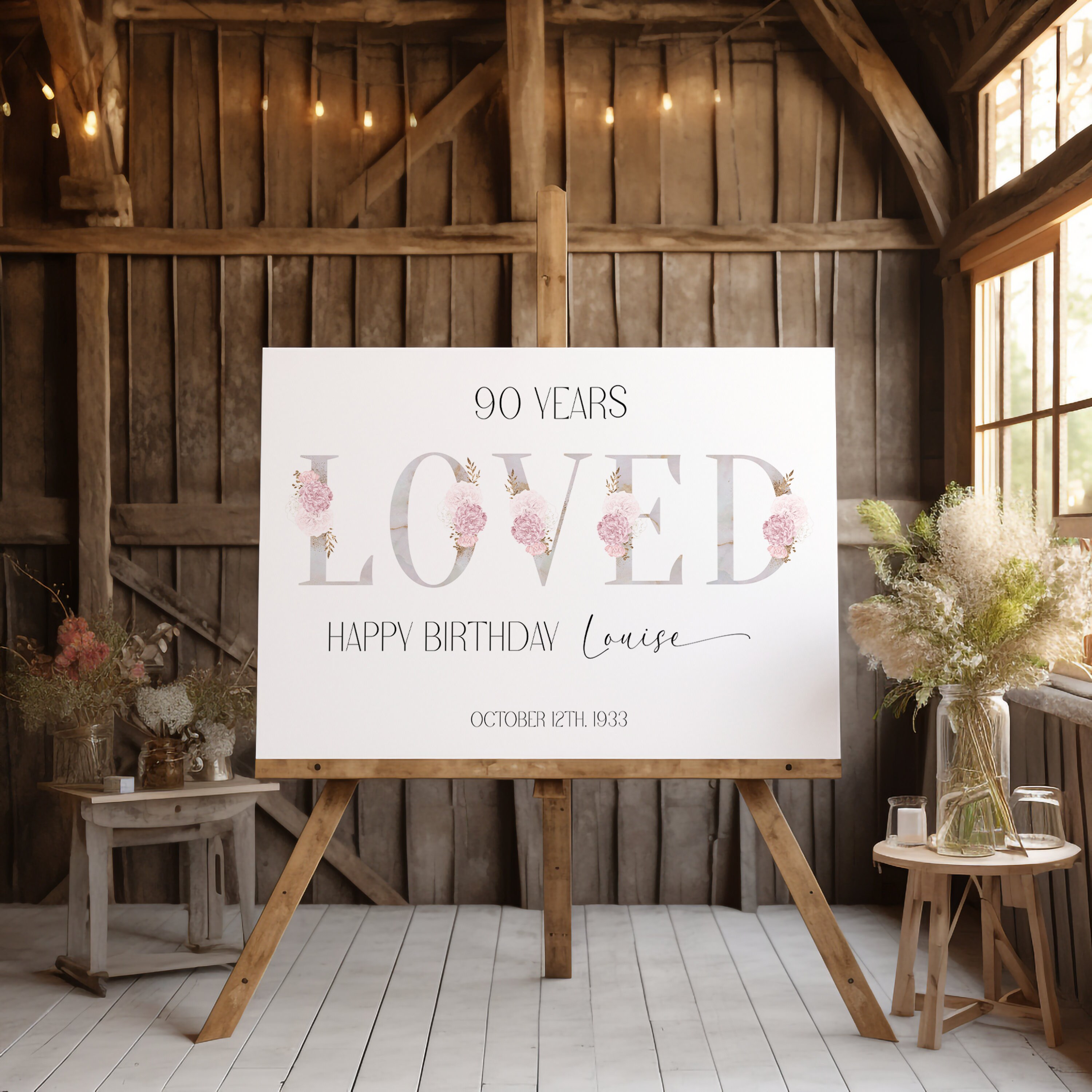 90th Birthday Party Welcome Sign, Purple Floral Birthday Party Welcome ...
