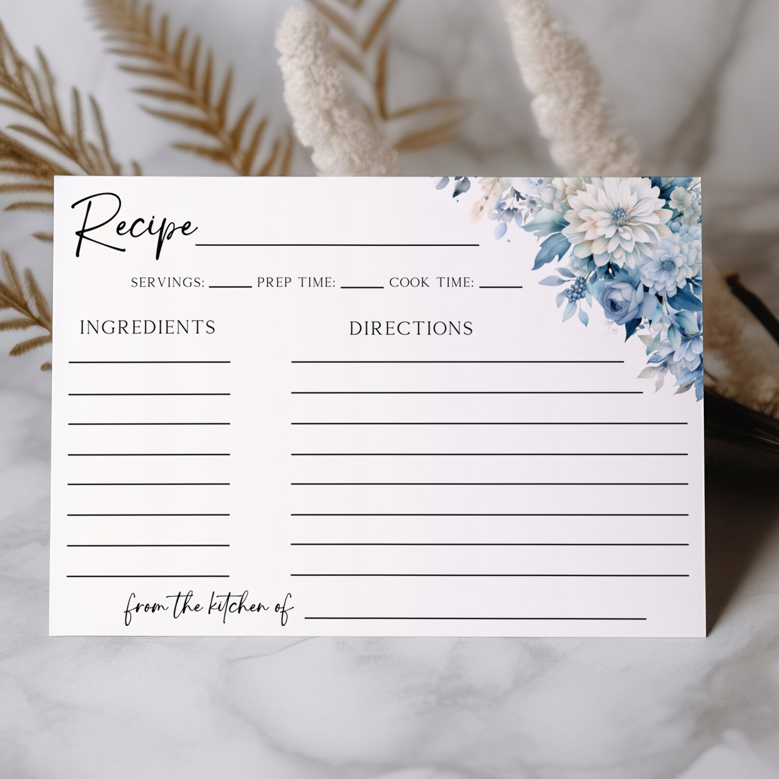 Minimalist Blue Recipe Card Template, Bridal Shower Recipe Card Insert ...