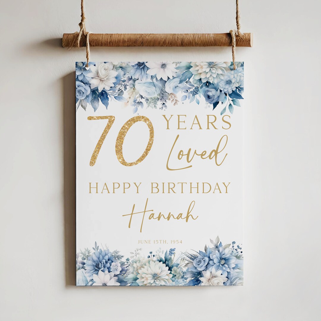 70 Years Loved, 70th Birthday Party Welcome Sign Printable, Blue Floral ...