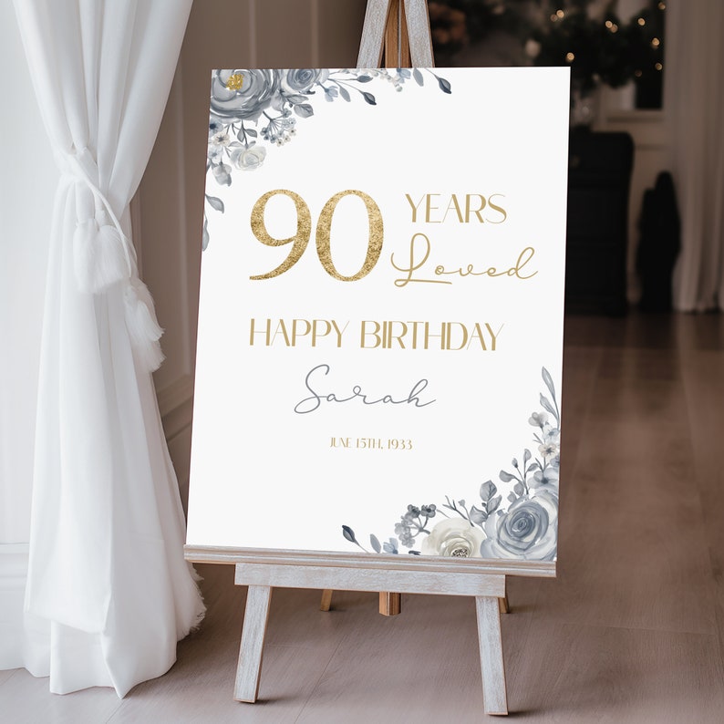 90th Birthday Party Welcome Sign, Navy Blue Floral Birthday Party ...