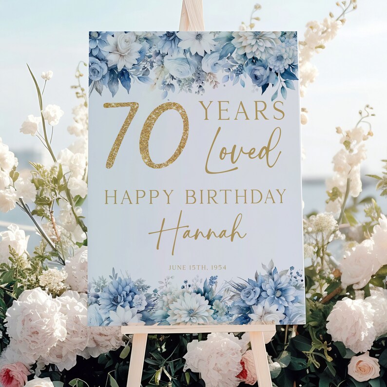 70 Years Loved, 70th Birthday Party Welcome Sign Printable, Blue Floral ...