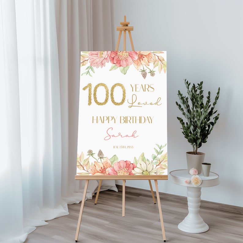 100th Birthday Party Welcome Sign, Pink Floral Birthday Party Welcome ...