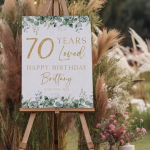 70 Years Loved, 70th Birthday Party Welcome Sign Printable, Greenery ...