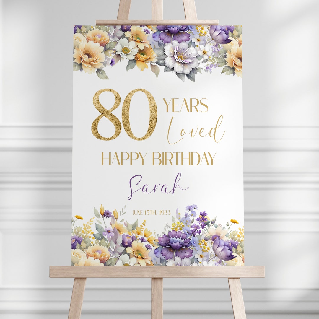 80 Years Loved, 80th Birthday Party Welcome Sign Printable, Purple ...