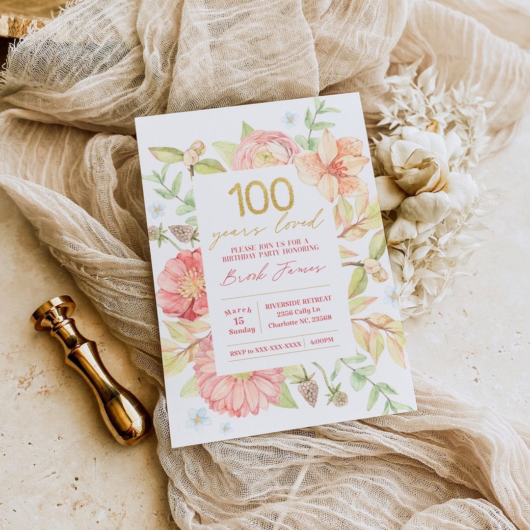 100th Birthday Invitation, Printable 100th Birthday Party Invitation ...