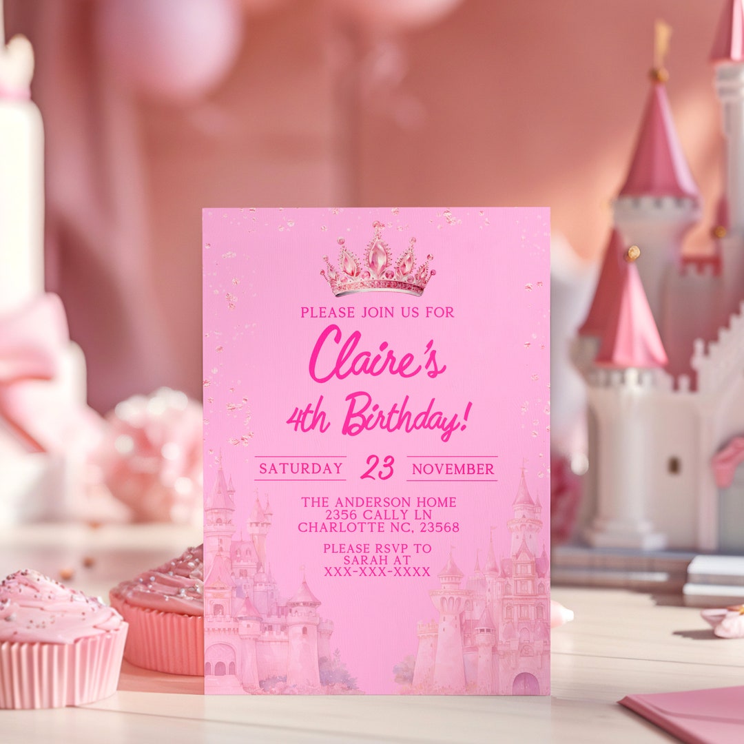 Princess Birthday Invitation Girl Princess Birthday Party Invite Pink ...