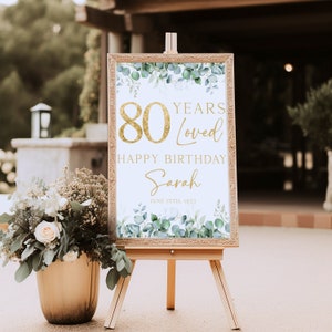 80 Years Loved, 80th Birthday Party Welcome Sign Printable, Greenery ...