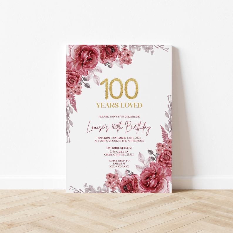 100th Birthday Invitations, Printable 100th Birthday Party Invitation ...