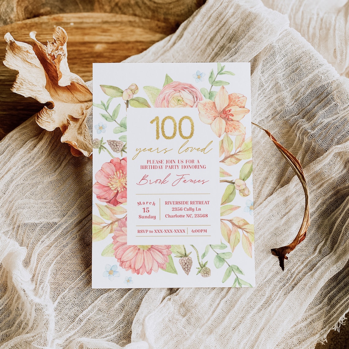 100th Birthday Invitation, Printable 100th Birthday Party Invitation ...