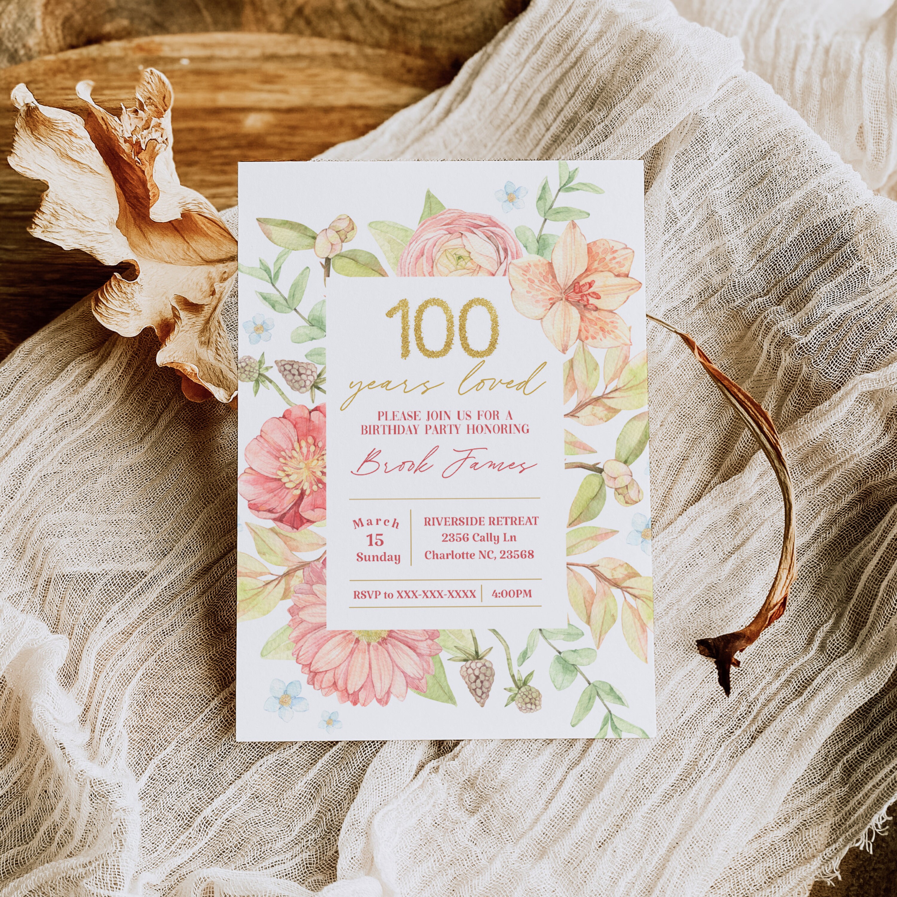100th Birthday Invitation, Printable 100th Birthday Party Invitation ...