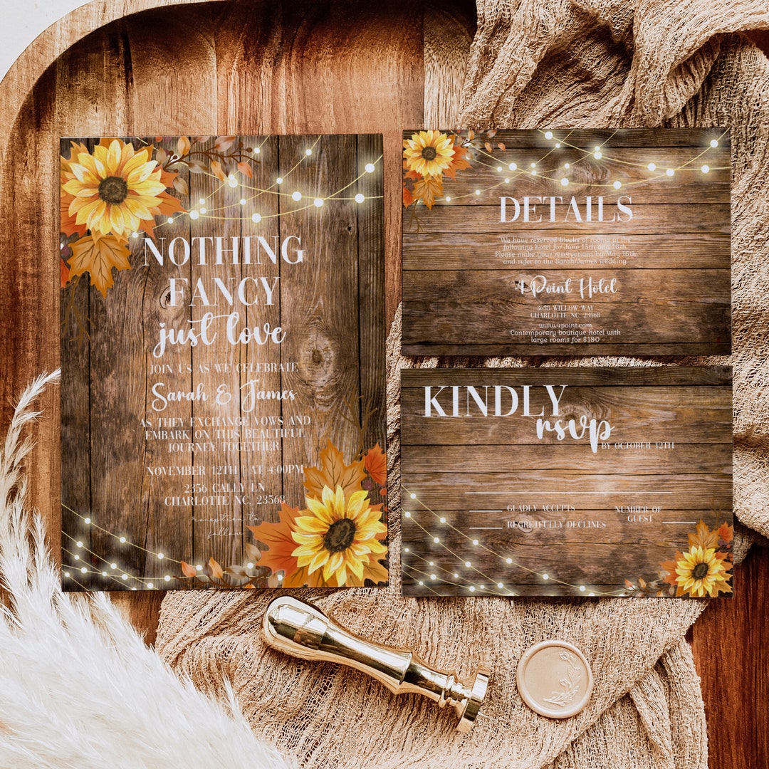 Rustic Sunflower Nothing Fancy Just Love Invitation, Editable Rustic ...
